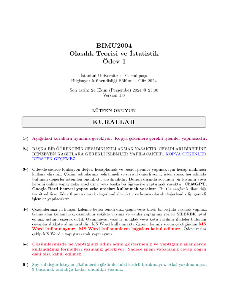 Olasilik 2024 Ödev 1 | PDF