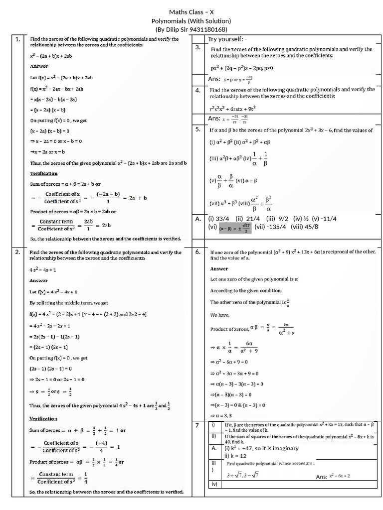 Maths Class 10 (Polynomials) | PDF