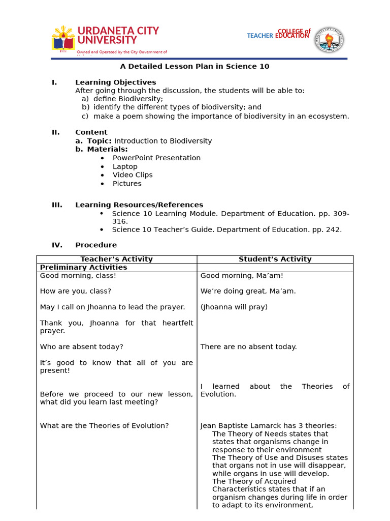 Biodiversity Lesson Plan for Science 10 | PDF | Biodiversity | Plants