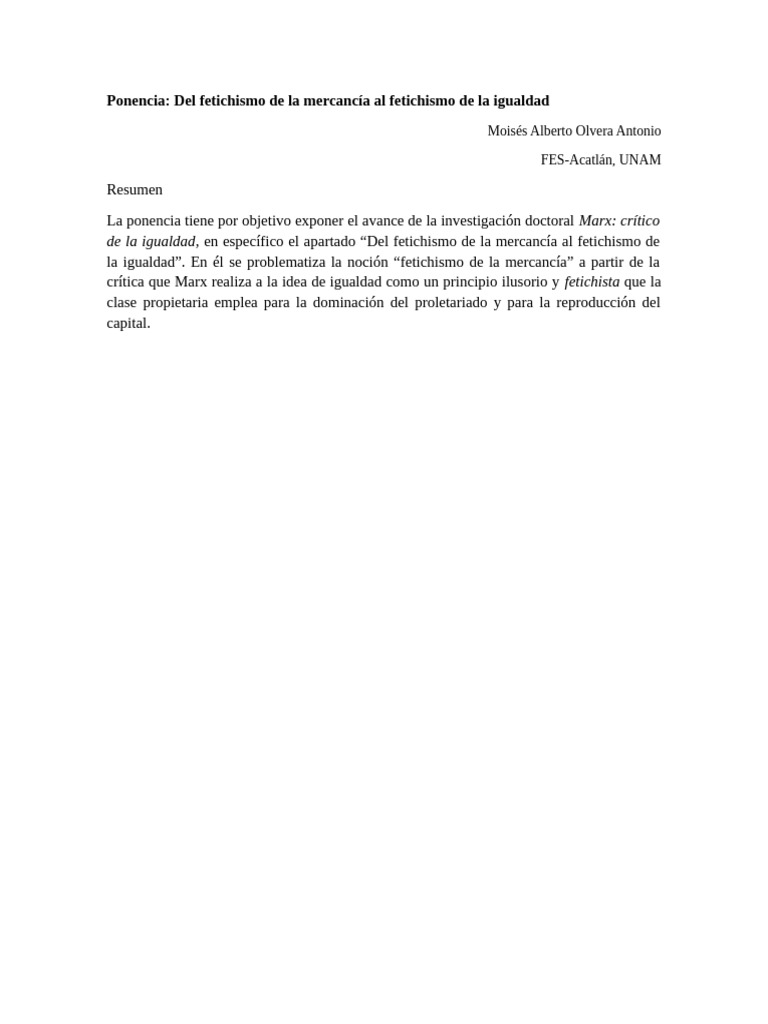 Resumen Ponencia - Fetichismo de La Igualdad - Moisés Olvera | PDF