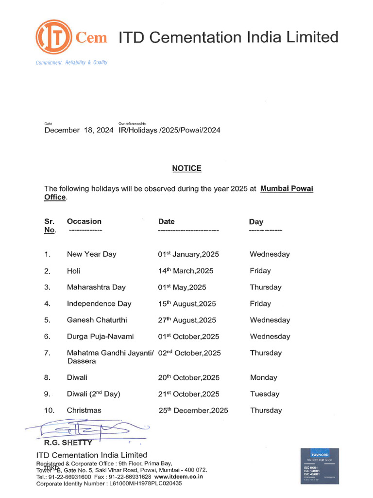 Itd All India List of Holiday 2025 | PDF