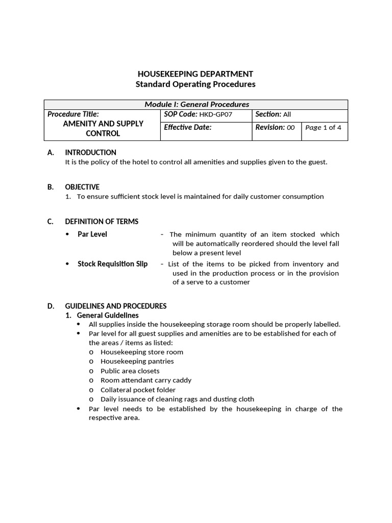 Housekeeping Amenity Control SOP | PDF | Housekeeping