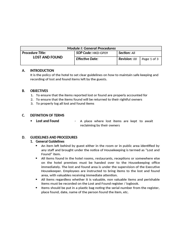 Housekeeping Lost and Found Procedures | PDF