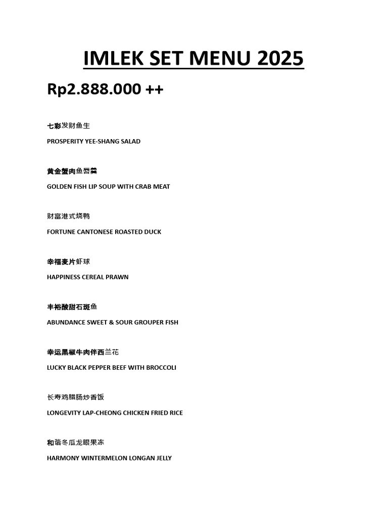 Imlek Set Menu 2025: Festive Dishes | PDF