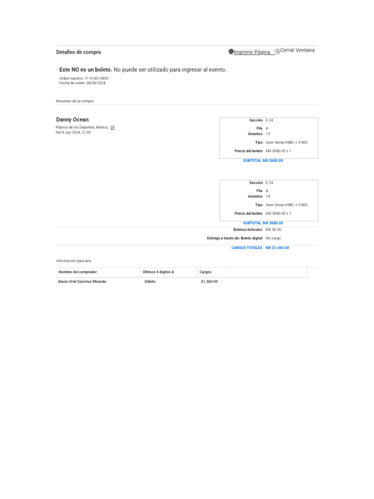 Comparto 'Ticketmaster Member Services - Print Receipt' Contigo | PDF