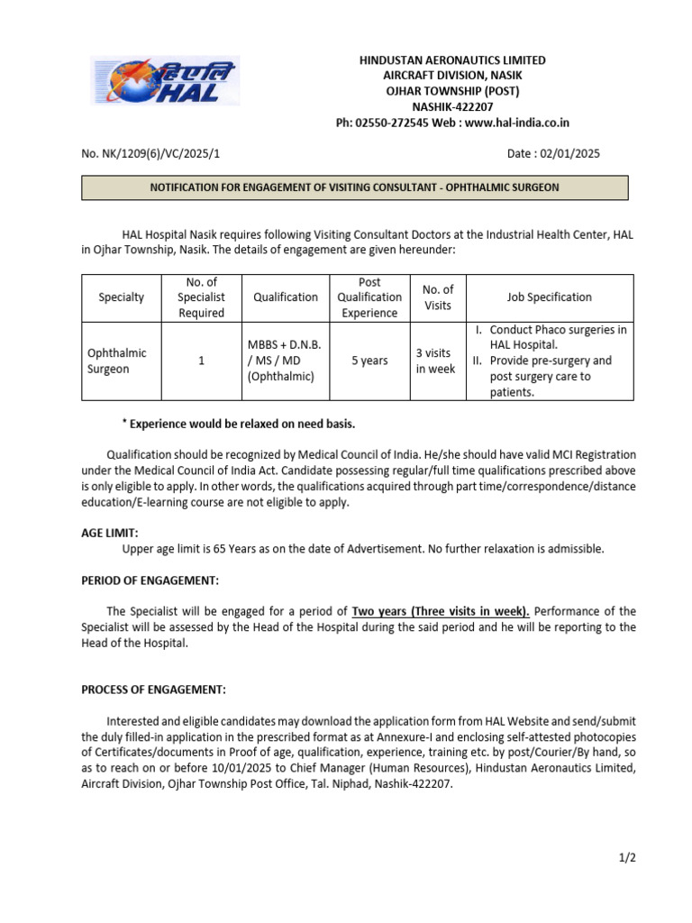HAL Nasik Ophthalmic Surgeon Consultant Job | PDF | Ophthalmology ...