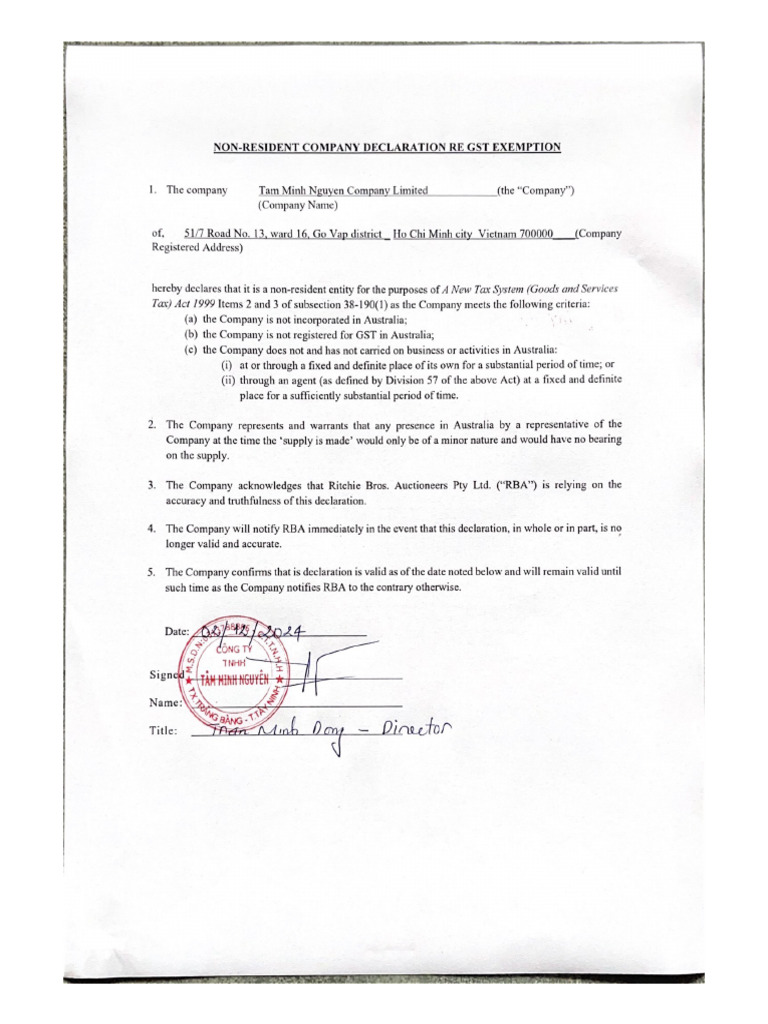Non-Resident Company Declaration Re GST Exemption-1 | PDF