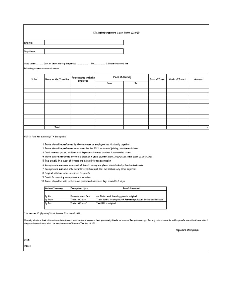LTA Declaration Form FY 2024-25 | PDF | Public Finance | Taxation