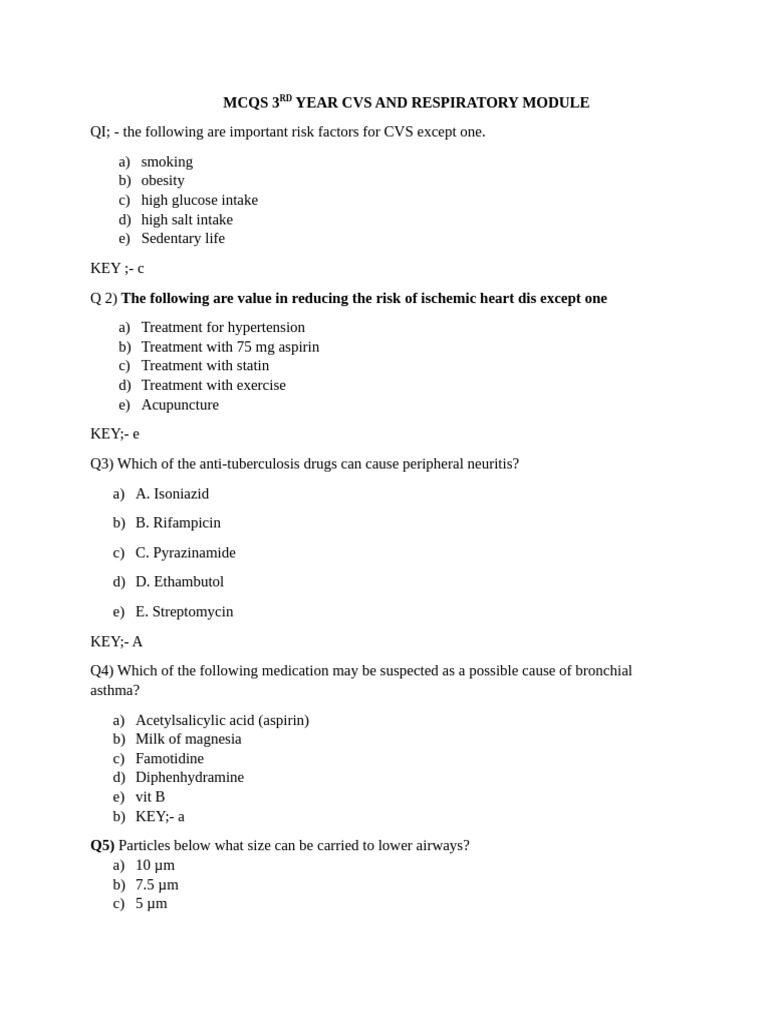 MCQS 3RD Year CVS and Respiratory Module | PDF
