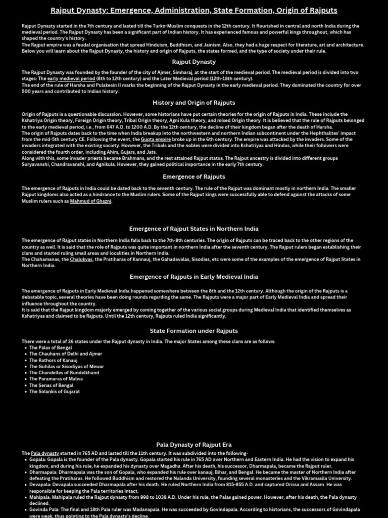 Rajput Dynasty Emergence, Administration, State Formation, Origin of Rajputs | PDF | South Asia