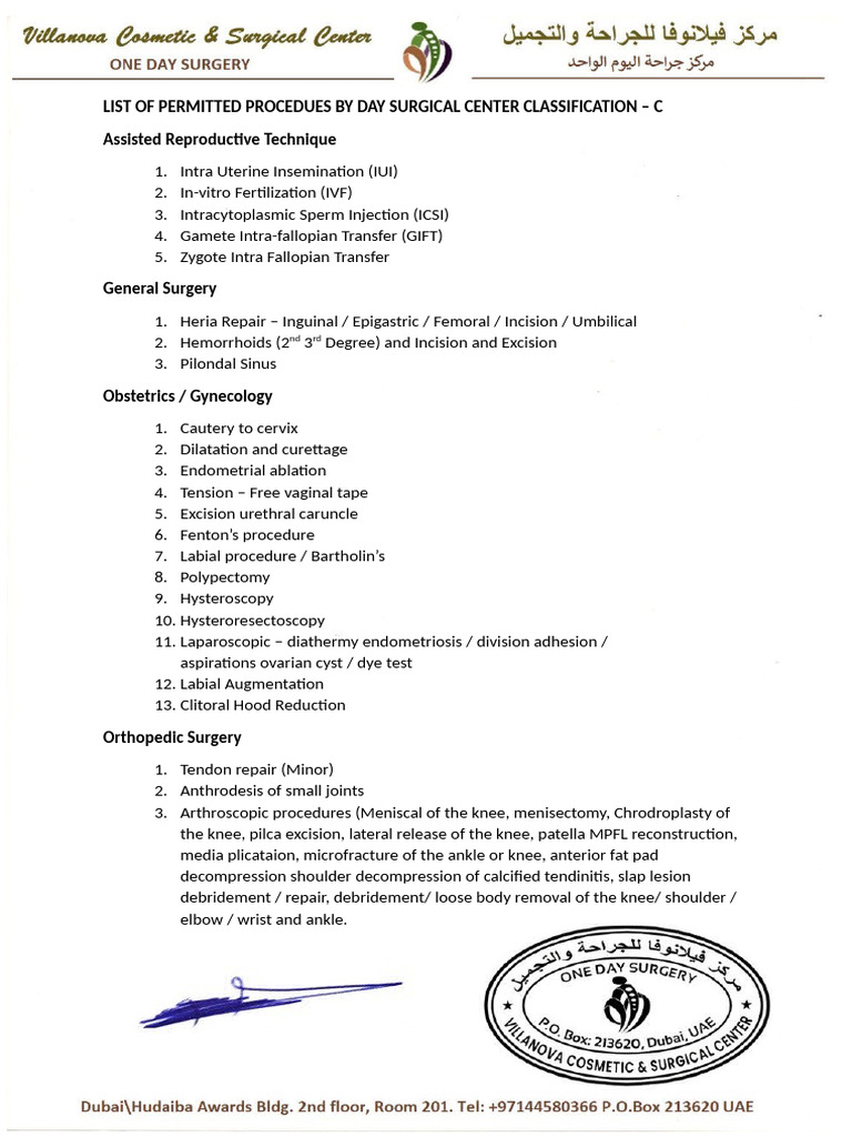 List of Permitted Procedues by Day Surgical Center Classification | PDF ...