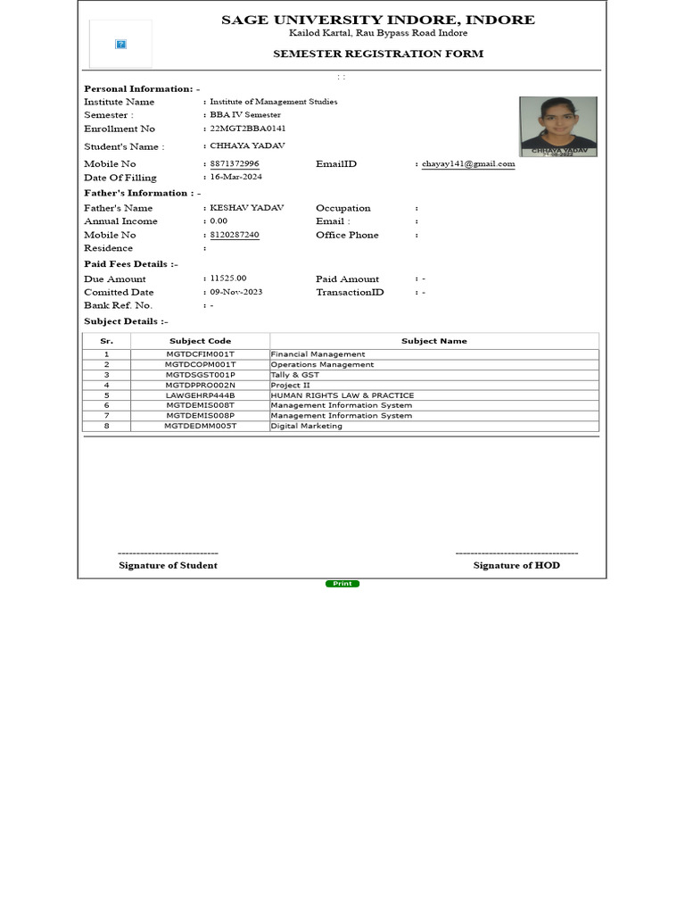 BBA IV Semester Registration Form | PDF