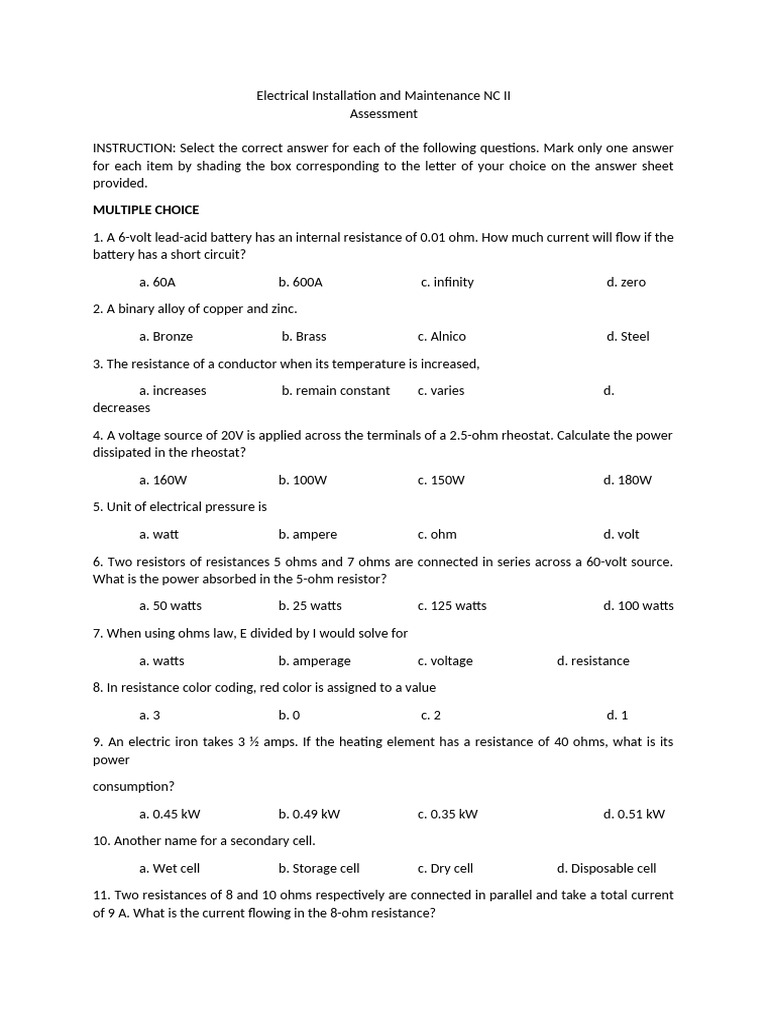 Assessment - Electrical Installation and Maintenance NC II | PDF | Electrical Resistance And ...