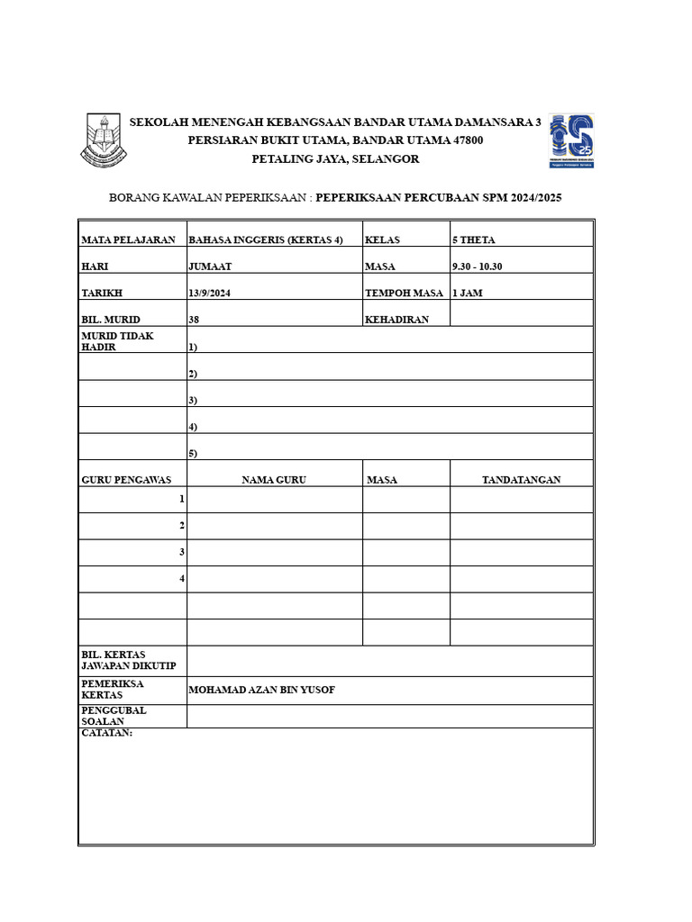Borang Kawalan BI K4 TRIAL SPM | PDF