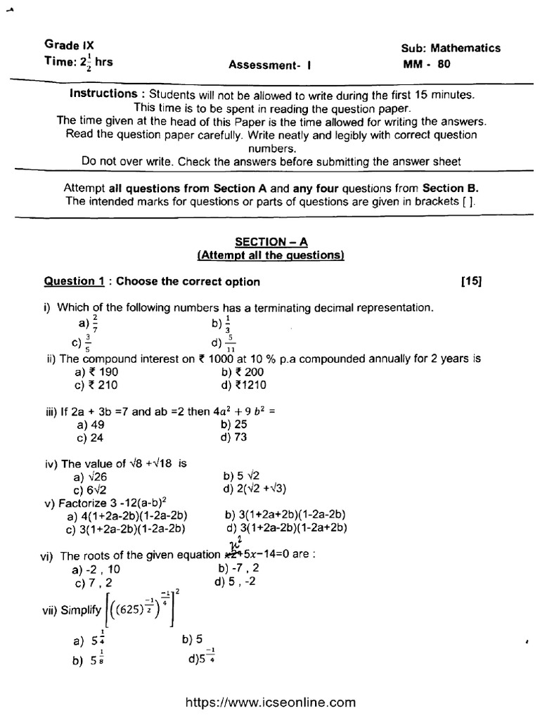 Icse Class 9 Assessment 1 Mathematics 230924 2024 | PDF