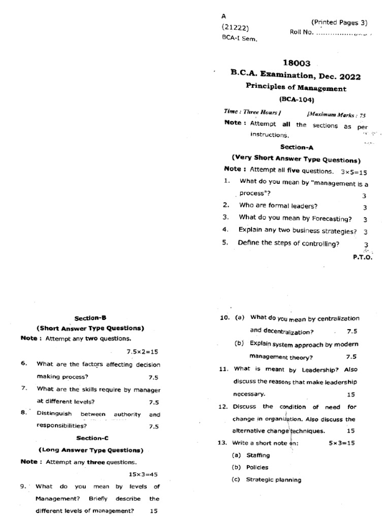 Bca 1 Sem Principles of Management 18003 Dec 2022 | PDF