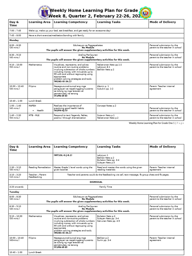WEEK 8 QUARTER 2 GRADE 1 Weekly Home Learning Plan for Modular Distance ...