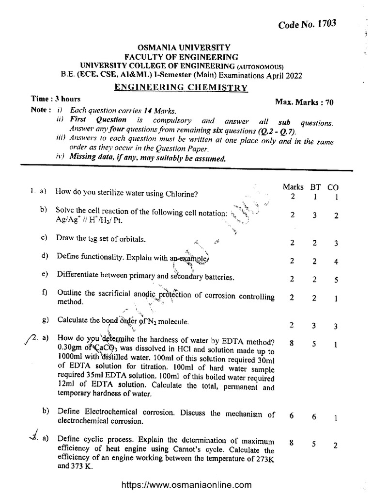 Be 1 Sem Engineering Chemistry 1703 Apr 2022 | PDF
