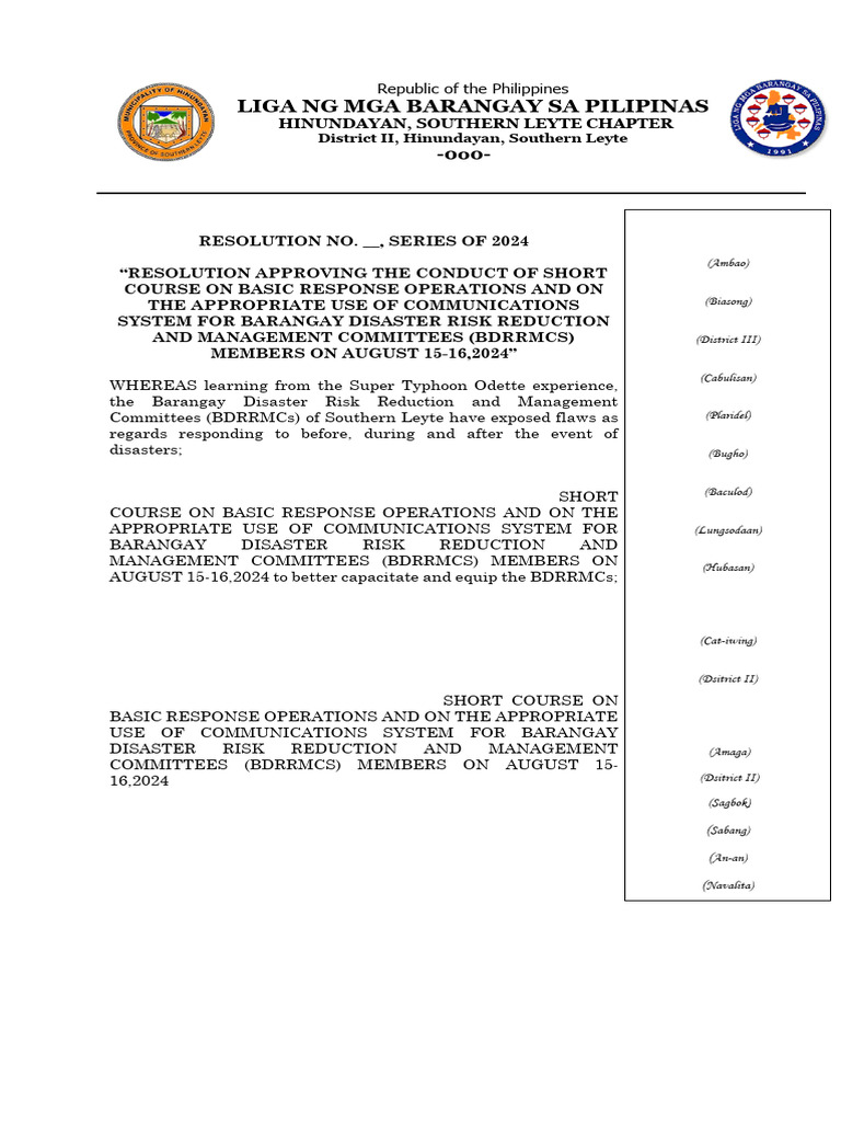 LNB Resolution Approving The Conduct of Training For BDRRMC | PDF