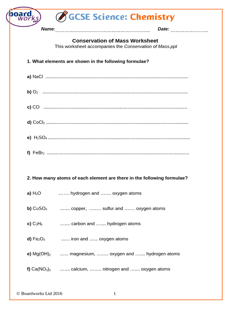Conservation of Mass Worksheet | PDF