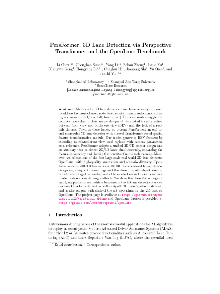 Persformer 3d Lane Detection Via Perspective Transformer And The Openlane Benchmark Pdf
