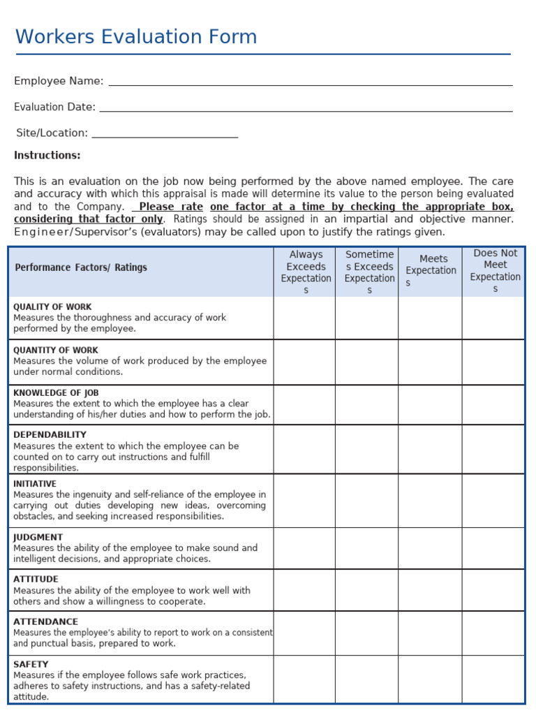 Construction Employee Evaluation Form | PDF | Performance Appraisal ...