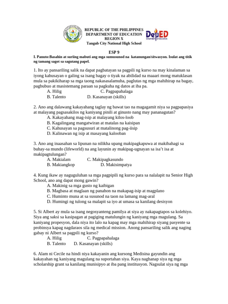 ESP 9 4th Quarter Quiz | PDF