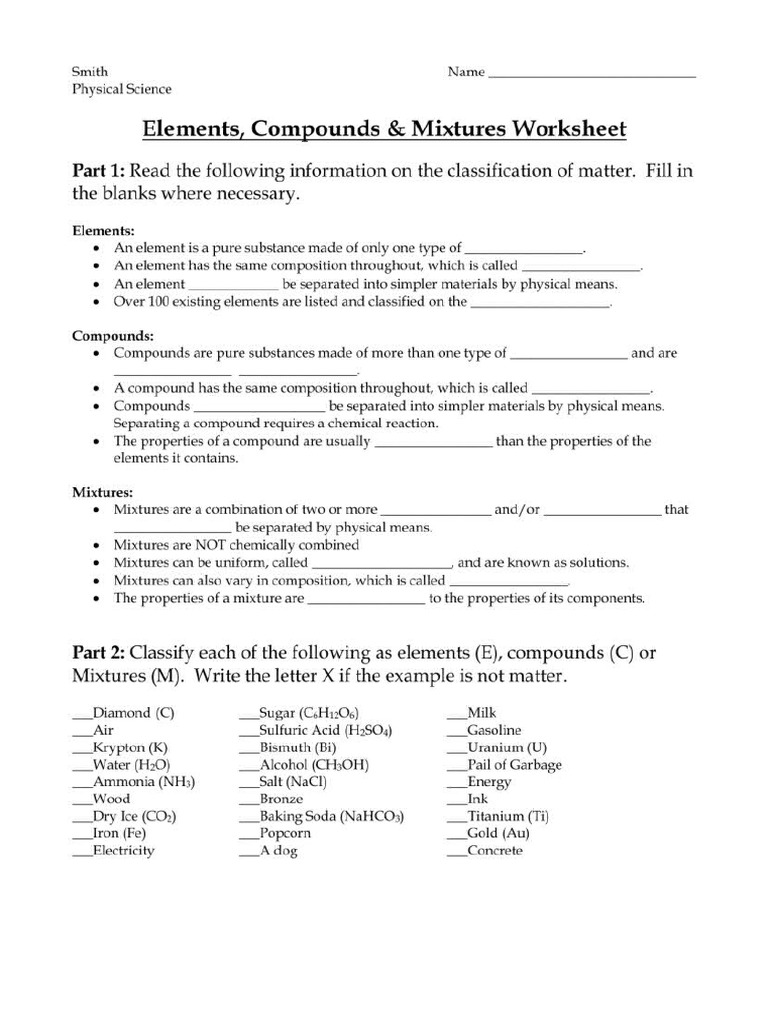 Elements, Compound and Mixtures Activity | PDF