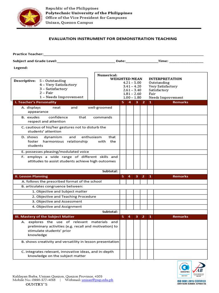 Demo Teaching Rating Sheet | PDF | Learning | Education Theory