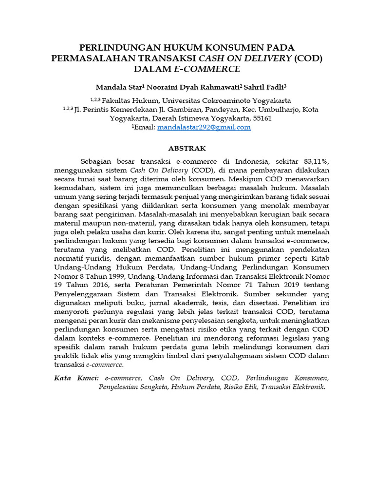 PERLINDUNGAN+HUKUM+KONSUMEN+PADA+PERMASALAHAN+TRANSAKSI+COD+DALAM+E-COMMERCE | PDF