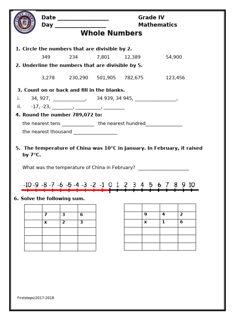 Whole Numbers Practice SHeet 4 22 Sept | PDF