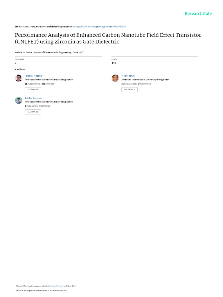 Performance Analysis Of Enhanced Carbon Nanotube Field Effect Transistor Cntfet Using Zirconia