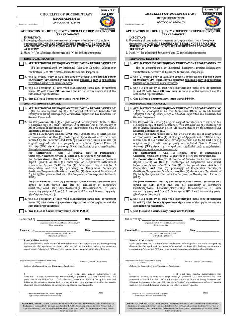 Application For Delinquency Verification Report (DVR) For Tax Clearance ...