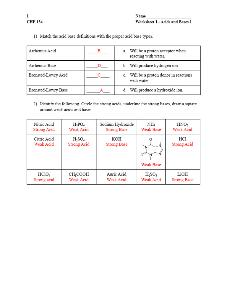 CHE 134 Worksheet 2.1 - Acids and Bases 1 KEY | PDF | Acid | Ph