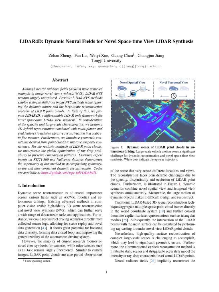 LiDAR4D Dynamic Neural Fields for Novel Space-time View LiDAR Synthesis | PDF | Lidar
