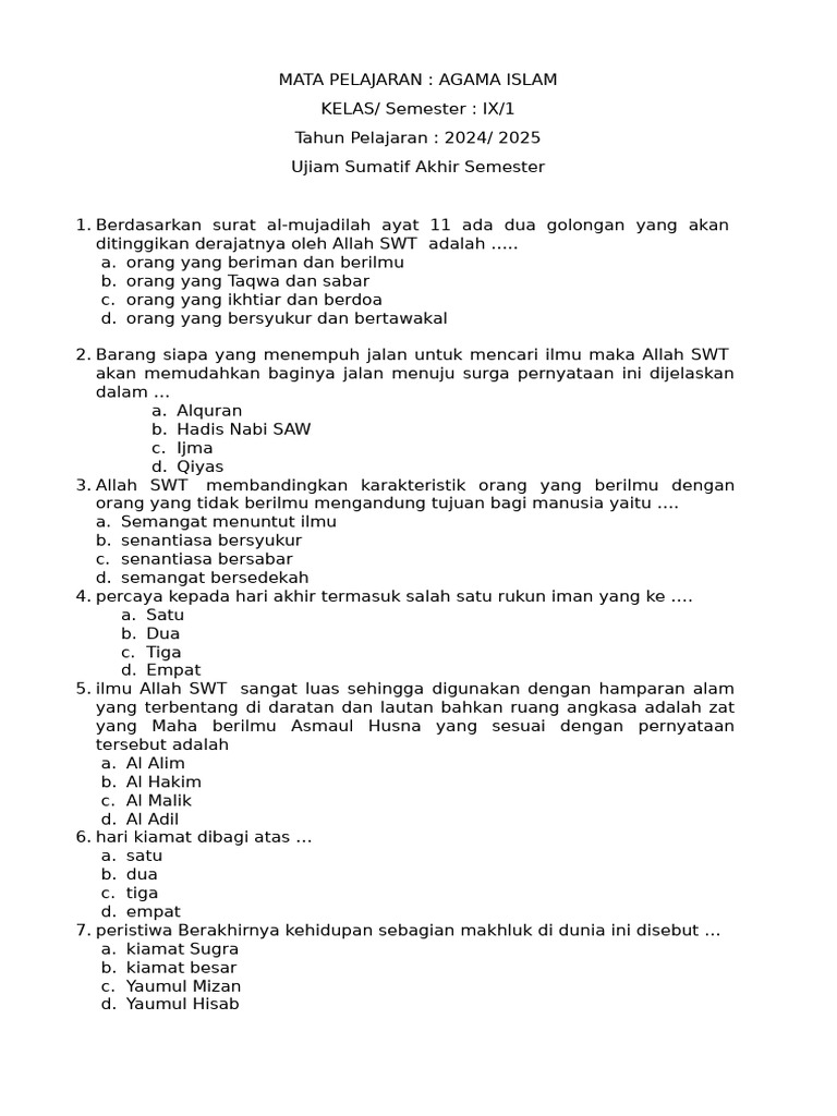 SUMATIF PAI KELAS IX | PDF