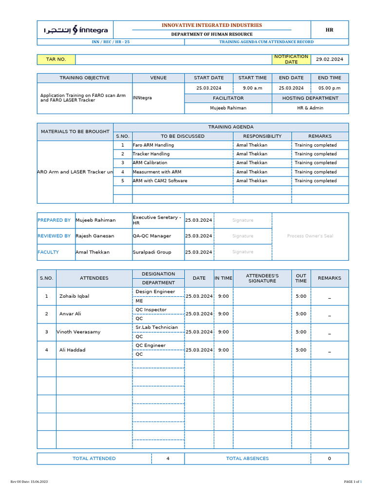 FARO Arm Training Agenda & Record | PDF