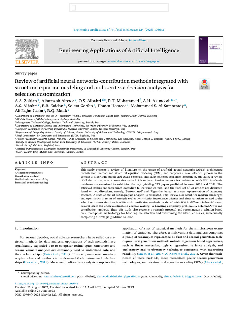 Review Of Artificial Neural Networks Contribution Methods Integrated With Structural Equation