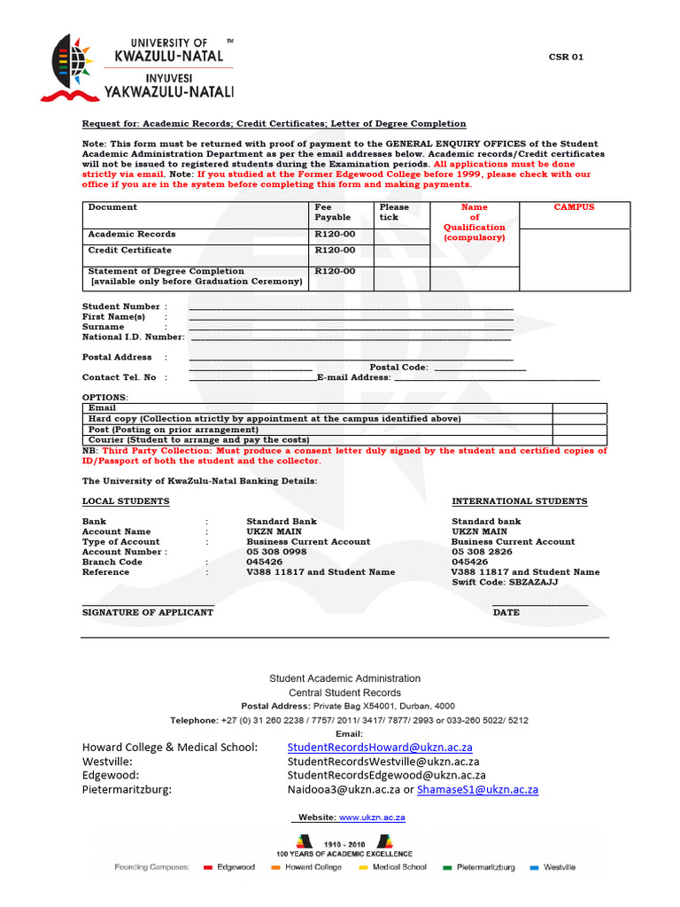 UKZN Academic Record Request Form | PDF | Identity Document