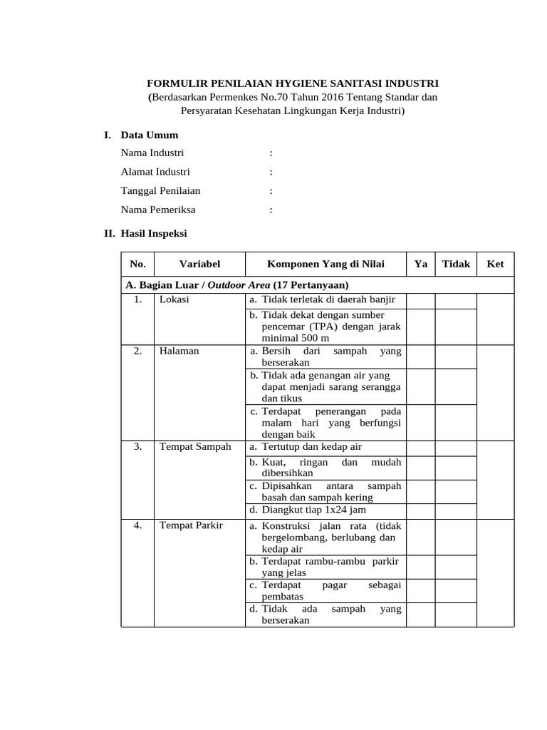Formulir Penilaian Hygiene Sanitasi Industri | PDF