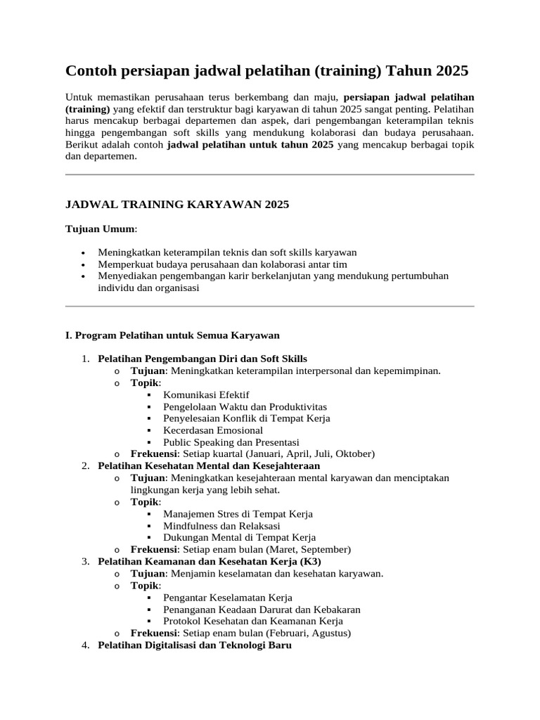 Contoh Persiapan Jadwal Pelatihan 2025 | PDF