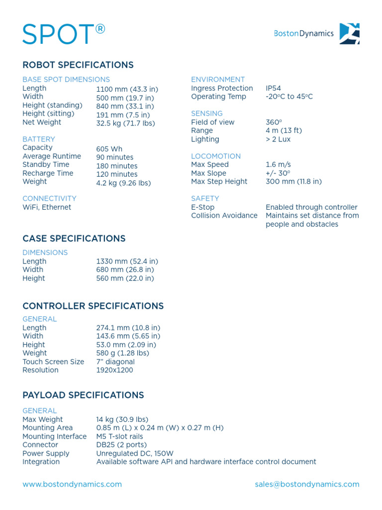 Boston Dynamics Spot Specifications | PDF