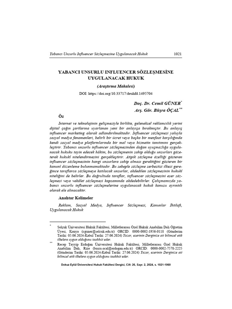 Yabanci Unsurlu Influencer Sözleşmesine Uygulanacak Hukuk: (Ara T Rma Makalesi) | PDF