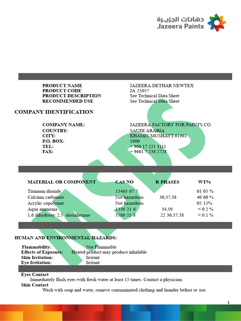 Jazeera Dethar Newtex Msds | PDF | Chemistry | Chemical Elements
