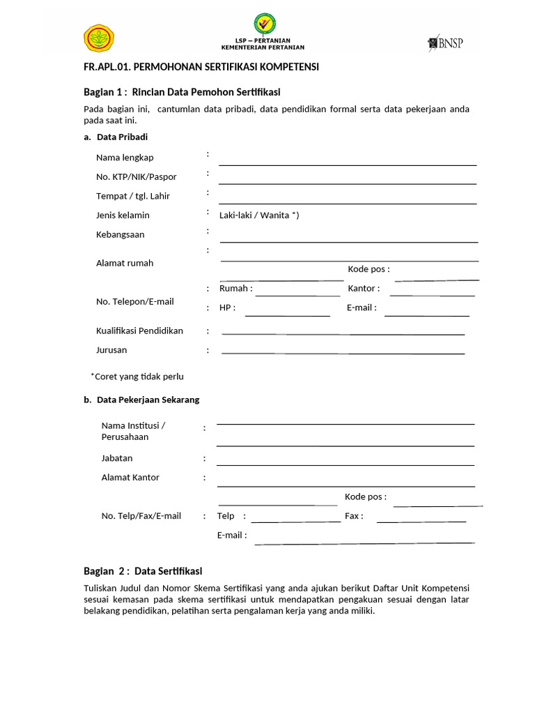 FR - APL.01. PERMOHONAN SERTIFIKASI KOMPETENSI PP Supervisor MHS | PDF