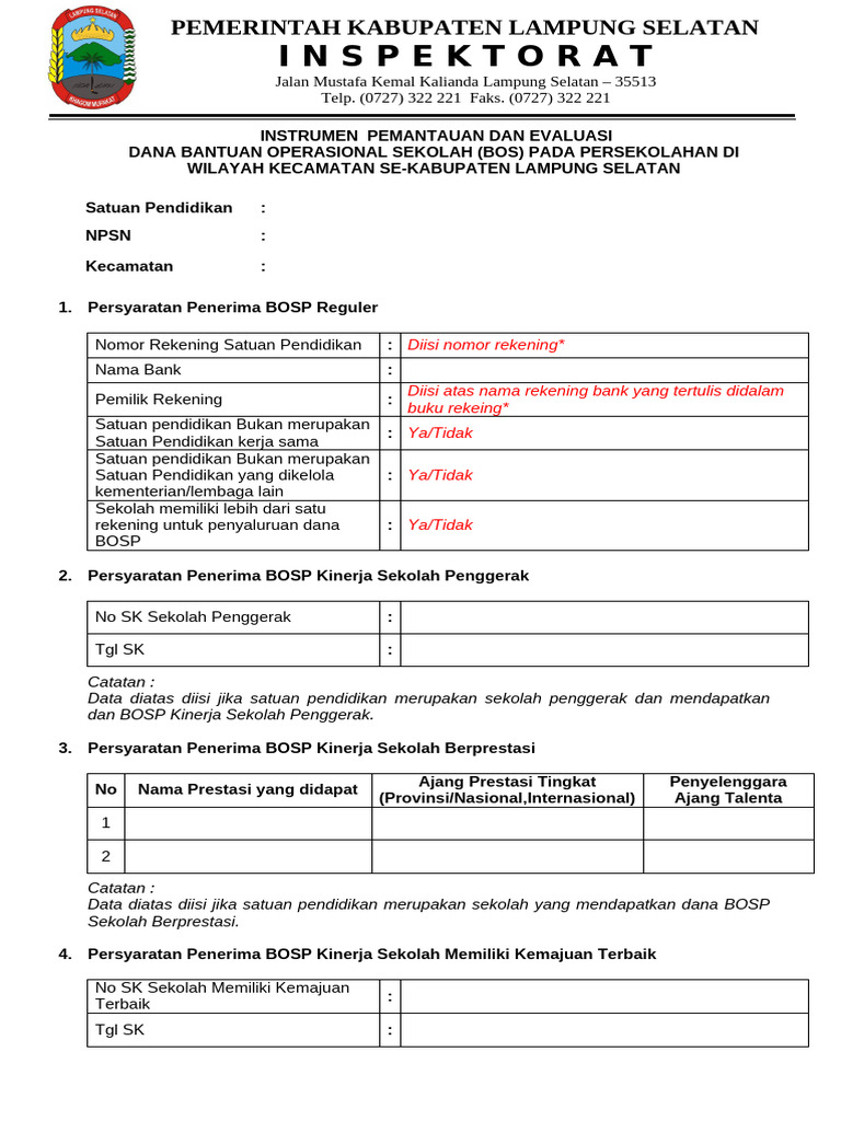 Instrumen Monev Pengelolaan Dana BOS Reguler dan kinerja Tahun 2024 (1) | PDF