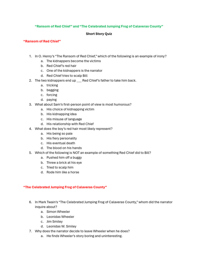 Short Story Quiz Ransom and Jumping Frog | PDF | Short Stories Adapted ...