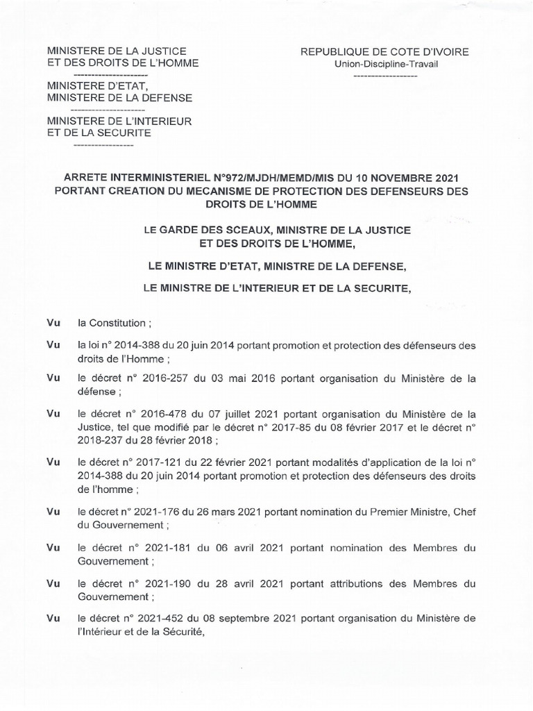 2021 Arrete Interministeriel Mecanisme de Protecion Des Defenseurs Des Droits de Lhomme | PDF