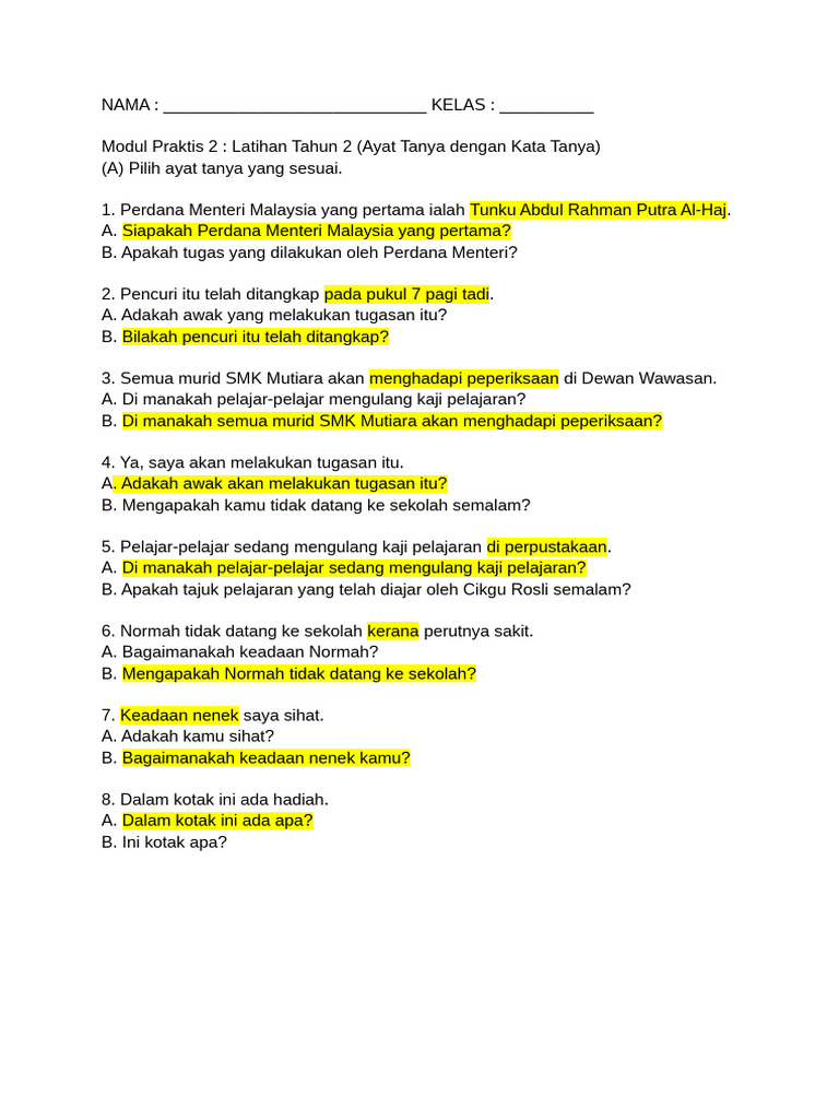 Latihan Tahun 2 (Ayat Tanya Dengan Kata Tanya | PDF