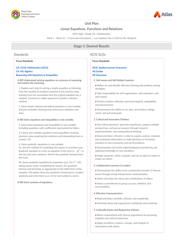 Linear Equations, Functions and Relations Unit Plan | PDF | Function (Mathematics) | Equations